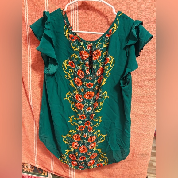 OLM | Tops | Olm Floral Green Blouse | Poshmark